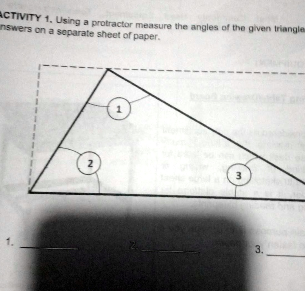 SOLVED: ACTIVITY 1. Using a protractor, measure the angles of the given triangle. Write your ...