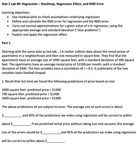 SOLVED:Stat = Lab #8= Regression Roadmap, Regression Effect, and RMS Error Learning objectives ...