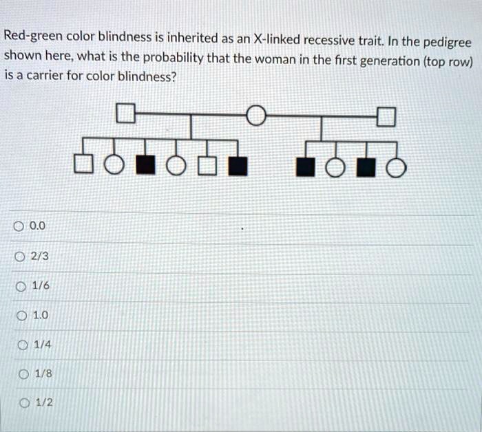 SOLVED: Red-green color blindness is inherited as a X-linked recessive trait In the pedigree ...