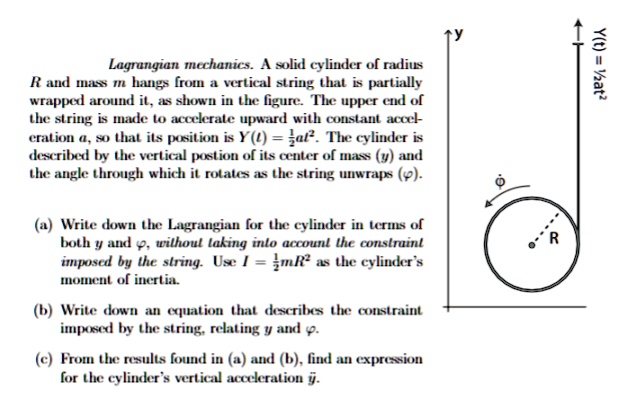 Lagrangian mechanics. A solid cylinder of radius R and mass m hangs from a vertical string that ...