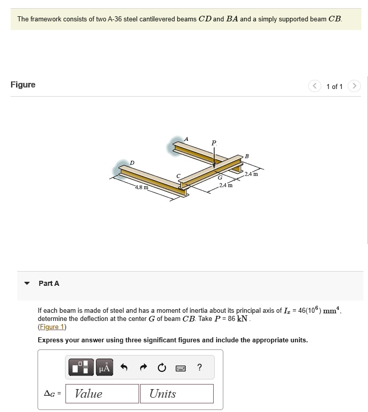 The framework consists of two A-36 steel cantilevered beams CD and BA ...