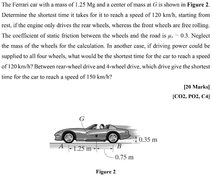 The Ferrari car with a mass of 1.25 Mg and a center of mass...