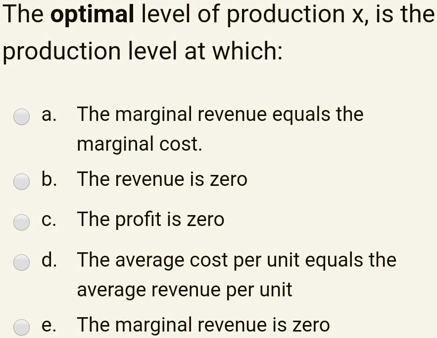The optimal level of production x, is the production level at which: a ...