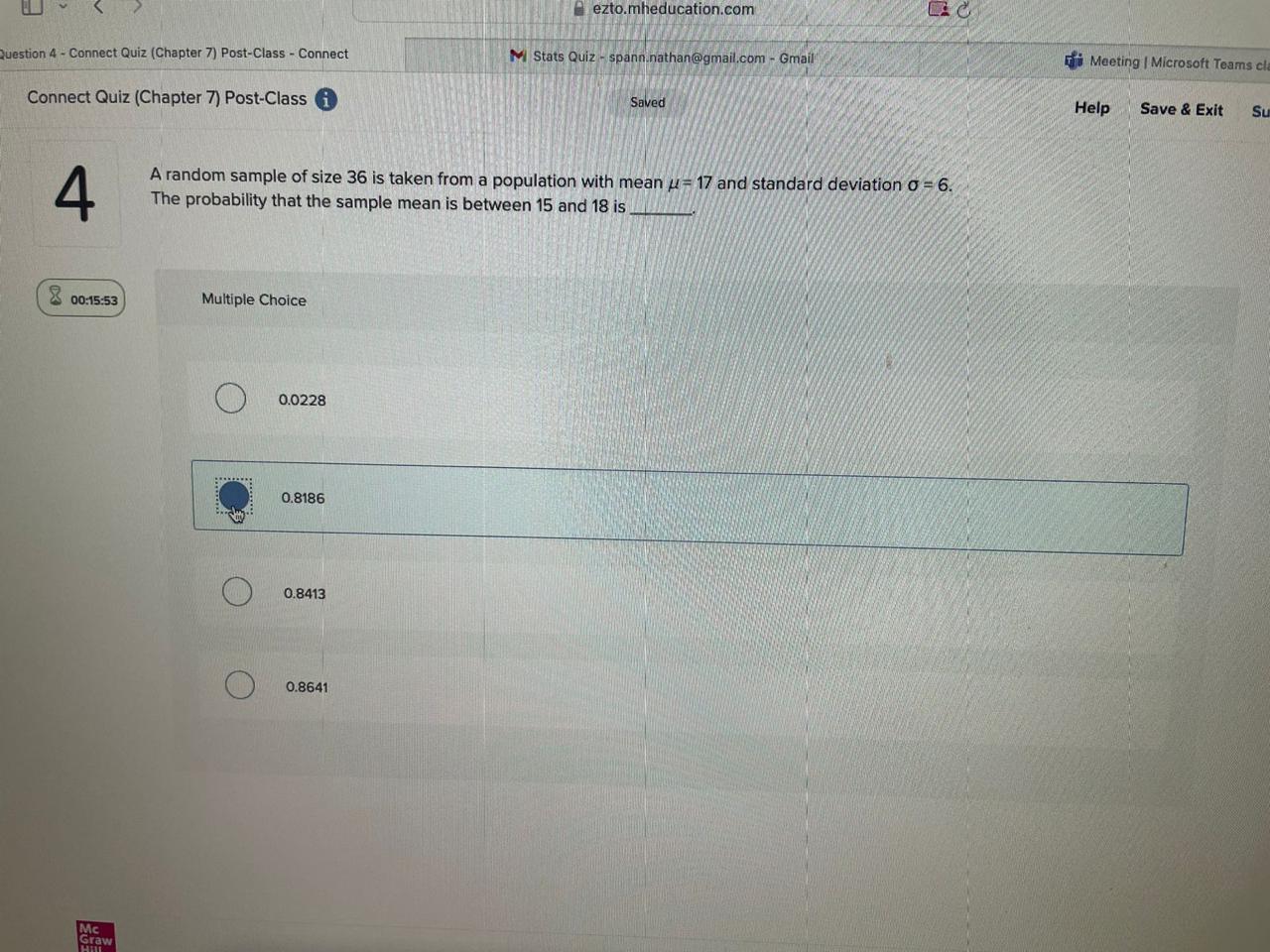 SOLVED: ezto.mheducation.com Question 4 - Connect Quiz (Chapter 7) Post-Class - Connect Stats ...