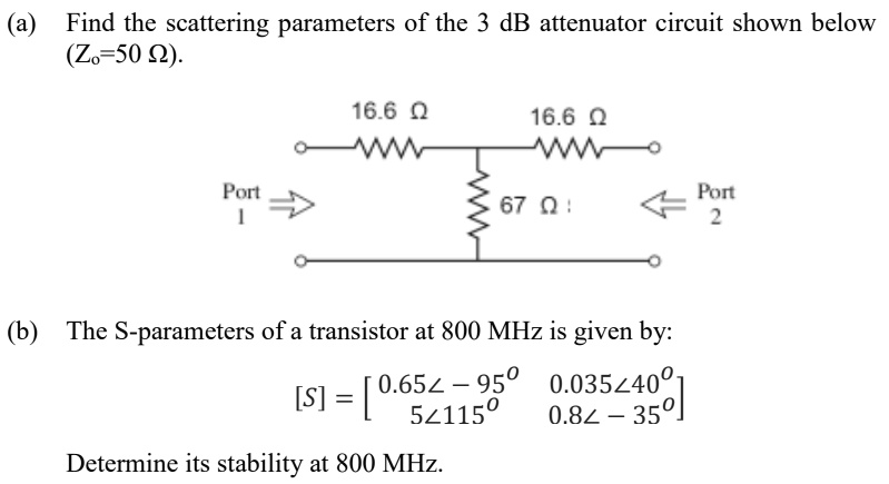 SOLVED: (a) Find the scattering parameters of the 3 dB attenuator circuit shown below (Z=50 Î ...