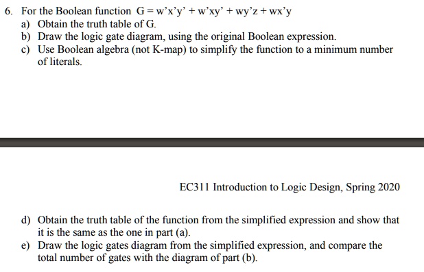 6. For the Boolean function G = w'x'y' + w'xy' + wy'z + wx'y a) Obtain the truth table of G. b ...