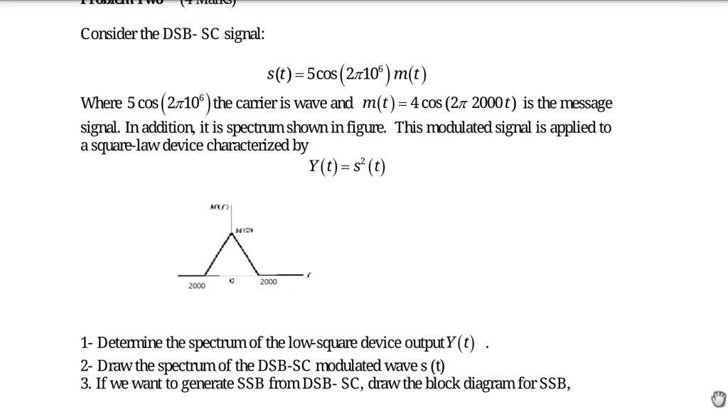 SOLVED: Consider the DSB-SC signal: s(t) = 5cos(210)t Where 5cos(210)t is the carrier wave and m ...