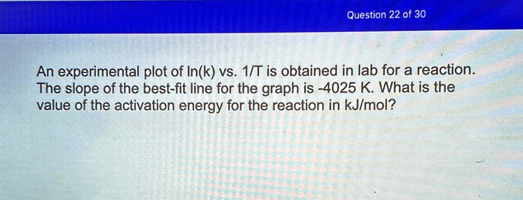 SOLVED: Question 22 of 30 An experimental plot of ln(k)vs.(1)/(T) is ...