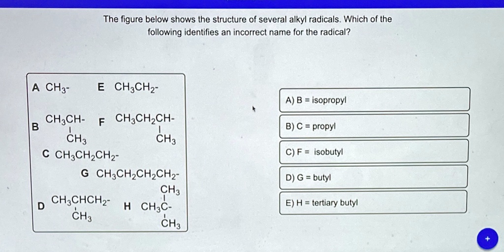 SOLVED: The figure below shows the structure of several alkyl radicals ...
