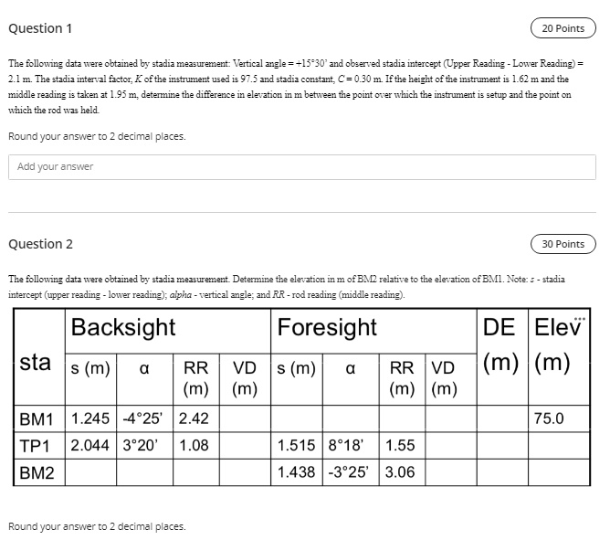 q1 the following data were obtained by stadia measurement vertical ...