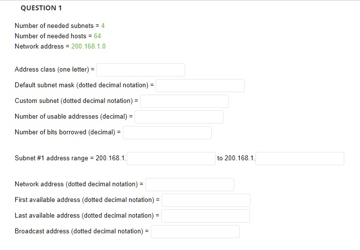 Solved Question Number Of Needed Subnets Number Of Needed Hosts Network Address 20016810 