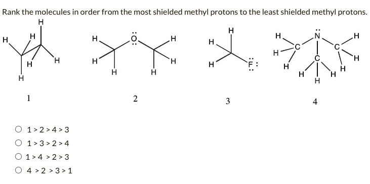 Rank the molecules in order from the most shielded methyl protons to ...