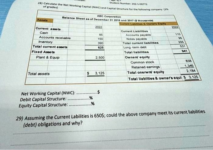 Calculate the Net Working Capital (NWC) and Capital Structure for the ...