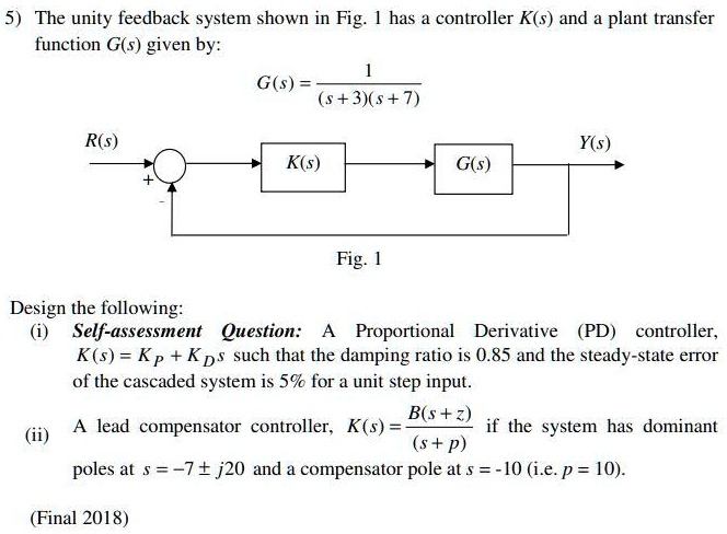 SOLVED: The unity feedback system shown in Fig.1 has a controller K(s) and a plant transfer ...