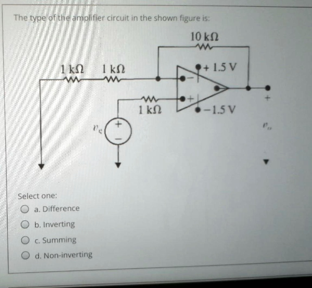 SOLVED: The type of the amplifier circuit in the shown figure is: 10k Î© 1k0 Î© 1k Î© +1.5V ...
