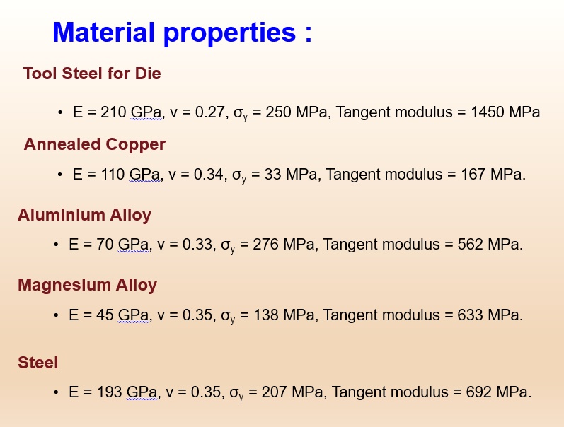 Material properties : Tool Steel for Die • E = 210 GPa, v = 0.27, = 250 ...