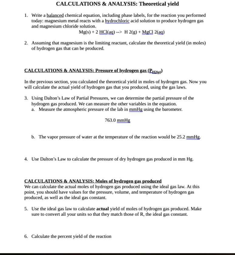SOLVED: CALCULATIONS ANALYSIS: Theoretical yield Write balanced ...