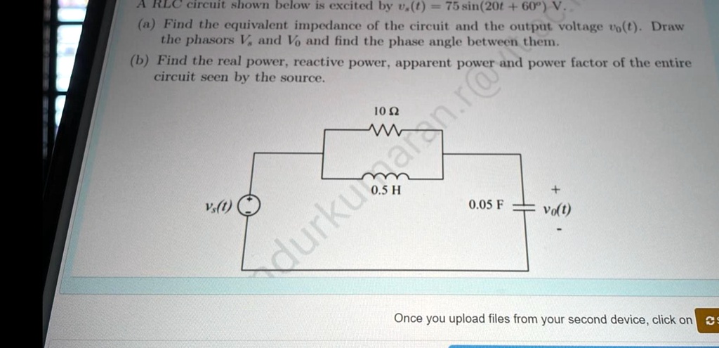 A RLC circuit shown below is excited by vs(t) = 75 sin(20t + 60^∘) V. (a) Find the equivalent ...