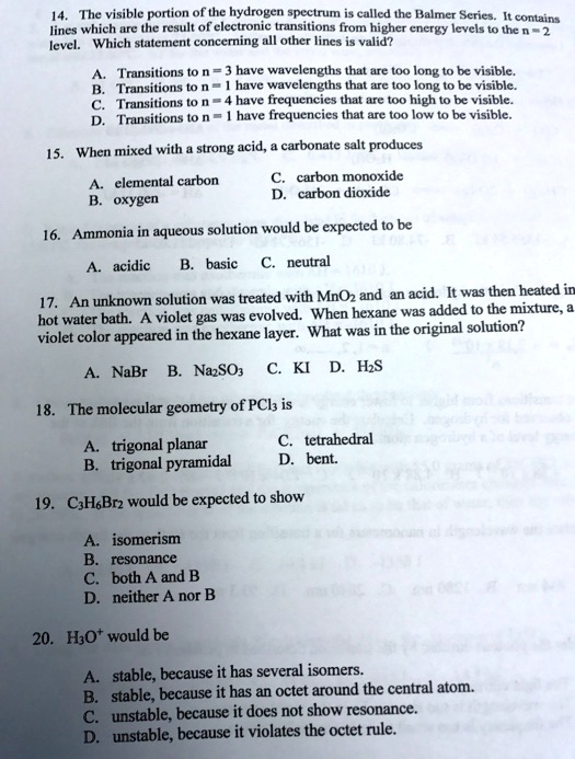 14. The visible portion of the hydrogen spectrum is called the Balmer ...