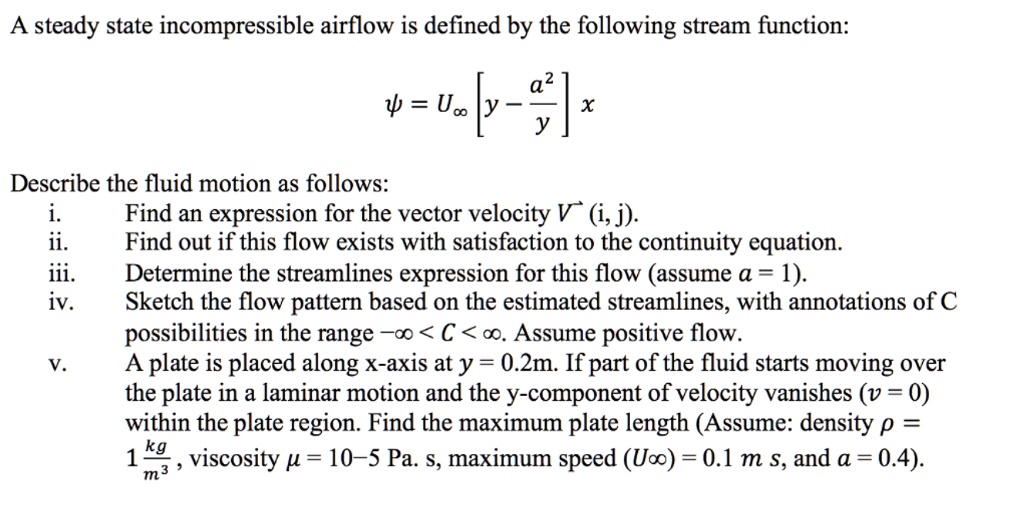 SOLVED: Thank you! A steady state incompressible airflow is defined by the following stream ...