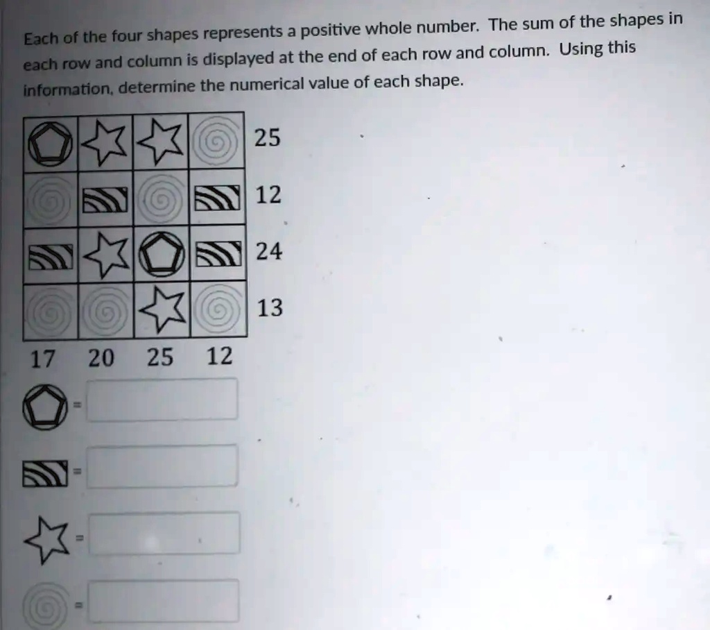 Each of the four shapes represents a positive whole number. The sum of the shapes in each row ...