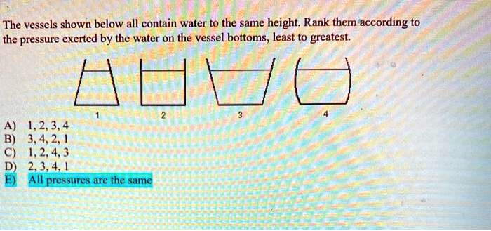 the vessels shown below all contain water to the same height rank them according to the pressure ...
