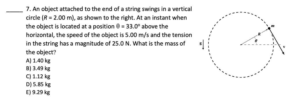7. An object attached to the end of a string swings in a vertical circle (R = 2.00 m), as shown ...