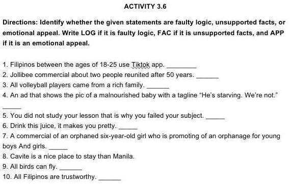 SOLVED: "Pa sagot po ako, Salamat. ActivITY 3.6 Directions: Identify ...