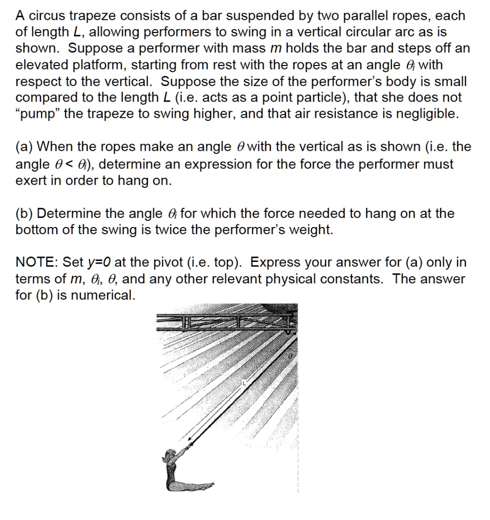 A circus trapeze consists of a bar suspended by two parallel...