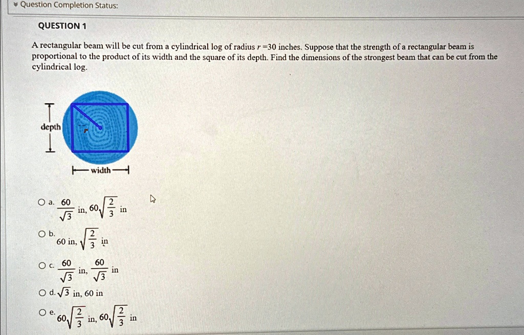 SOLVED: Question Completion Status: QUESTION 1 A rectangular beam will ...