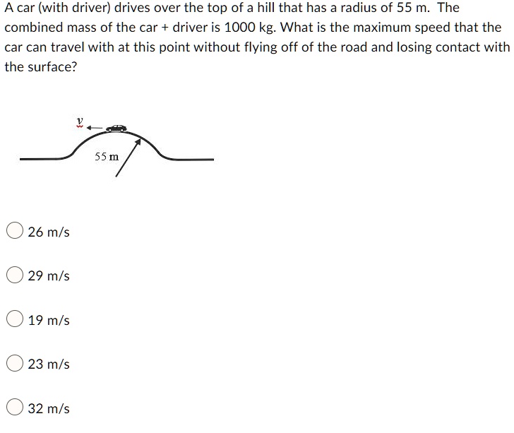 SOLVED: A car (with driver) drives over the top of a hill that has a ...