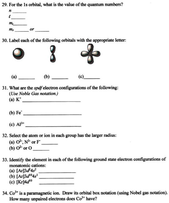 SOLVED: 29. For the 1s orbital, what is the value of the quantum ...