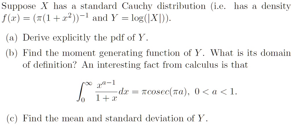 Solved Suppose X Has A Standard Cauchy Distribution I E Has A Density F X π 1 X 2 1