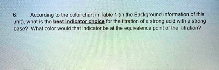 SOLVED: According to the color chart in Table (in the Background ...
