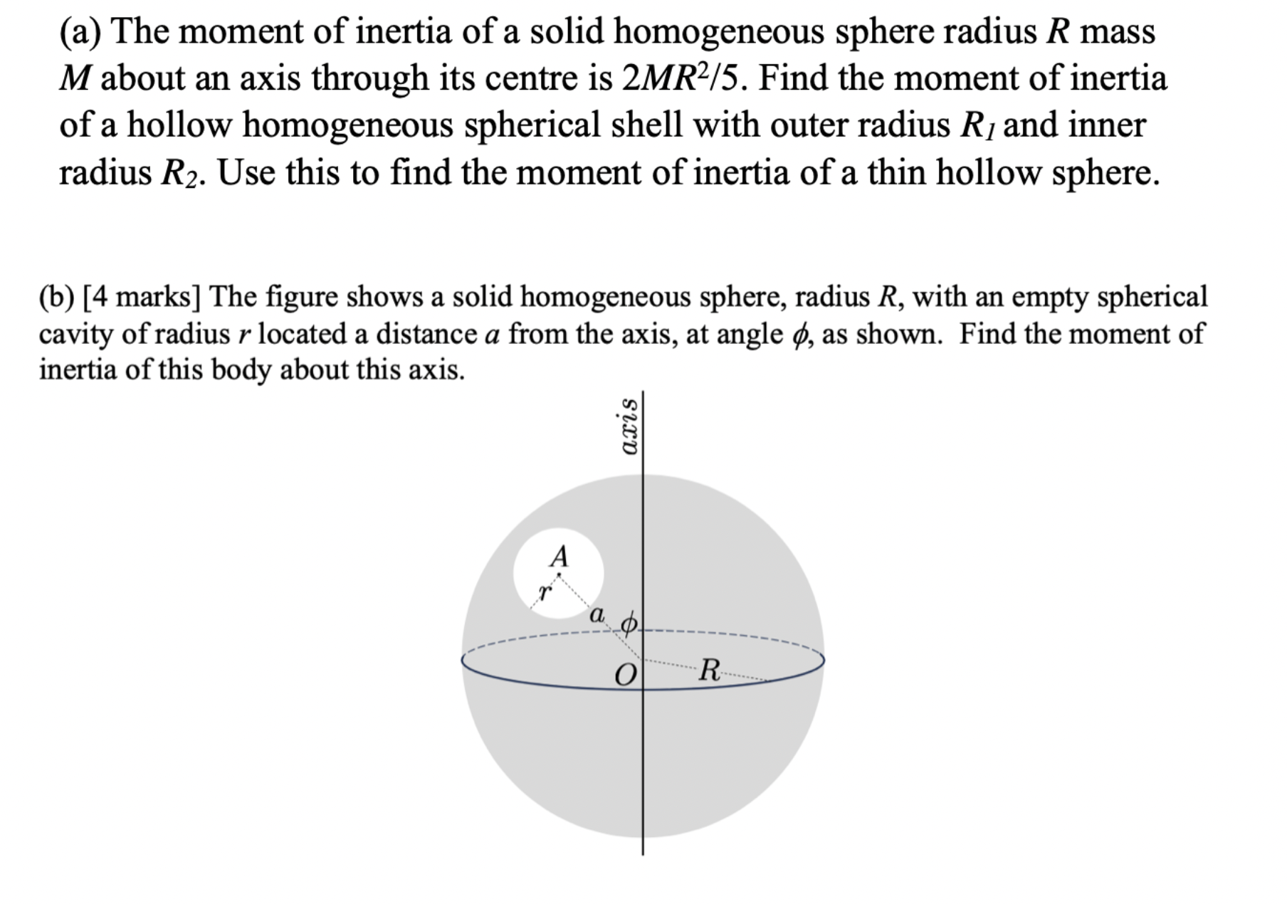 (a) The moment of inertia of a solid homogeneous sphere radius R mass M about an axis through ...