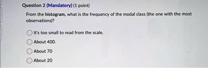SOLVED: Question 2 (Mandatory) (1 point) From the histogram, what is ... SOLVED: Question 2 (Mandatory) (1 point) From the histogram, what is ...