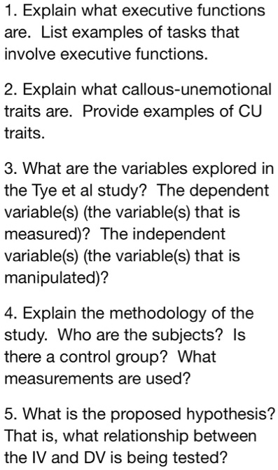 SOLVED: 1. Explain what executive functions are. List examples of tasks ...