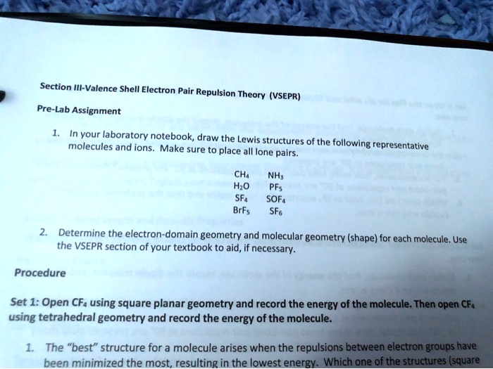 SOLVED: Text: Section III - Valence Shell Electron Pair Repulsion Theory (VSEPR) Pre-Lab ...