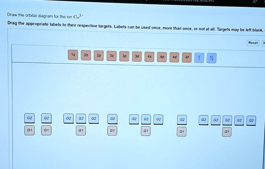 Draw the orbital diagram for the ion Co^2+. Drag the appropriate labels to their respective ...