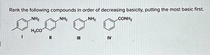Rank the following compounds in order of decreasing basicity, putting ...