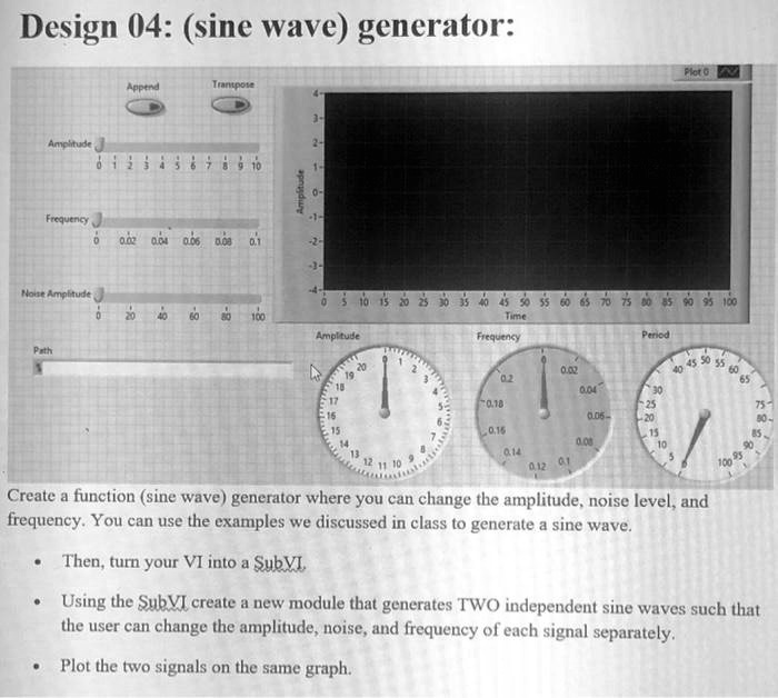 SOLVED: Using LabVIEW!! Design 04: (Sine Wave) Generator: Hot Amplitude 00l Create a function ...