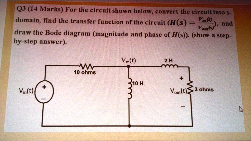 Q3 (14 Marks) For the circuit shown below, convert the circuit into s-domain, find the transfer ...