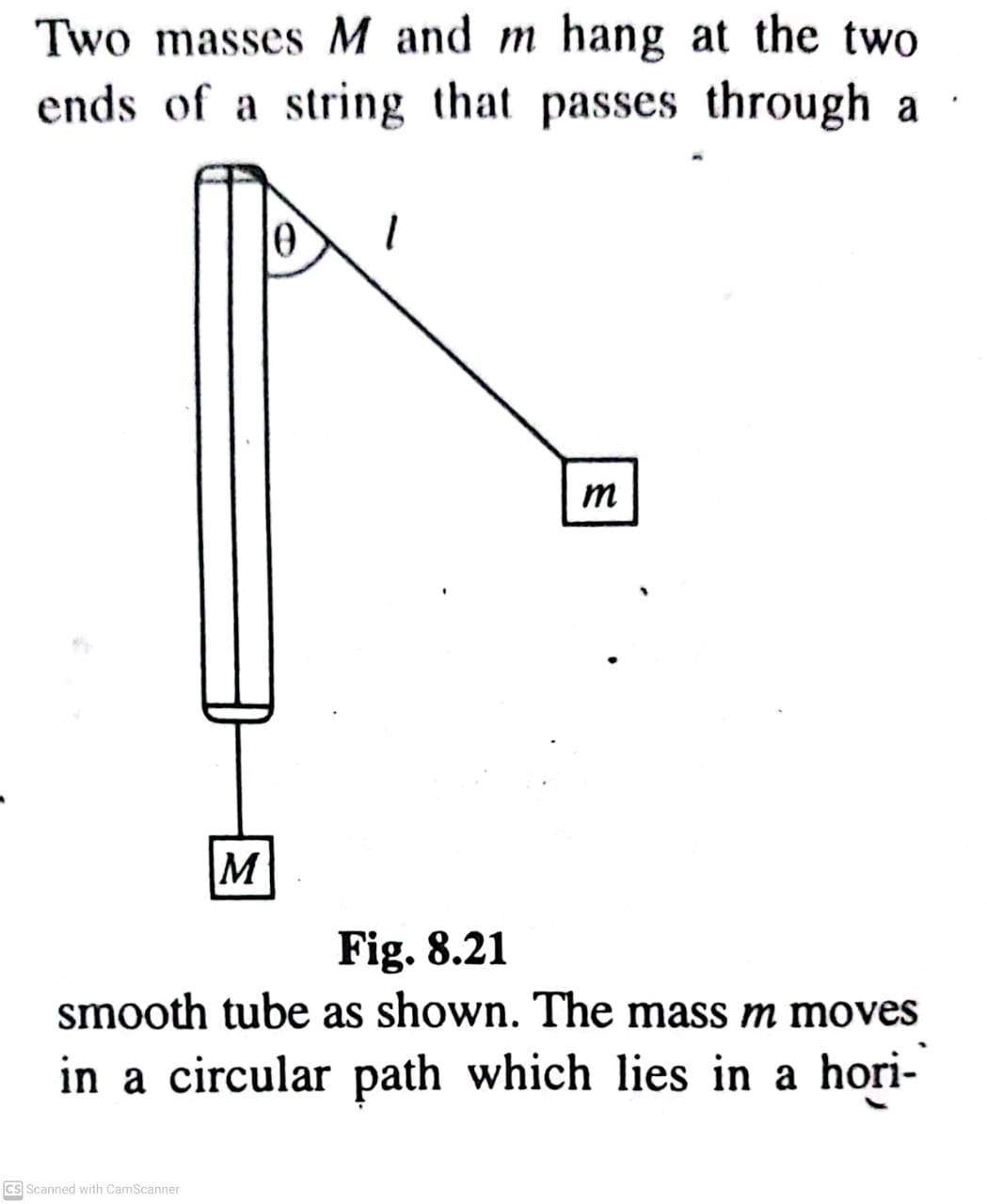 Two masses M and m hang at the two ends of a string that passes through a Fig. 8.21 smooth tube ...
