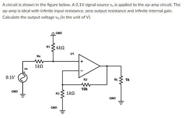 SOLVED: A circuit is shown in the figure below. A O.1V signal source vs is applied to the op-amp ...
