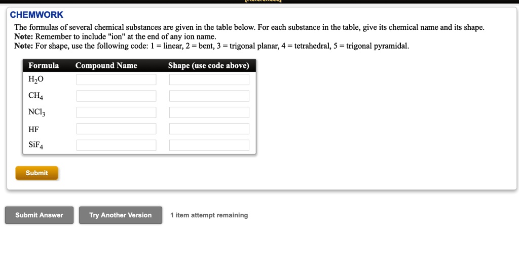 SOLVED:CHEMWORK The formulas of several chemical substances are given ...
