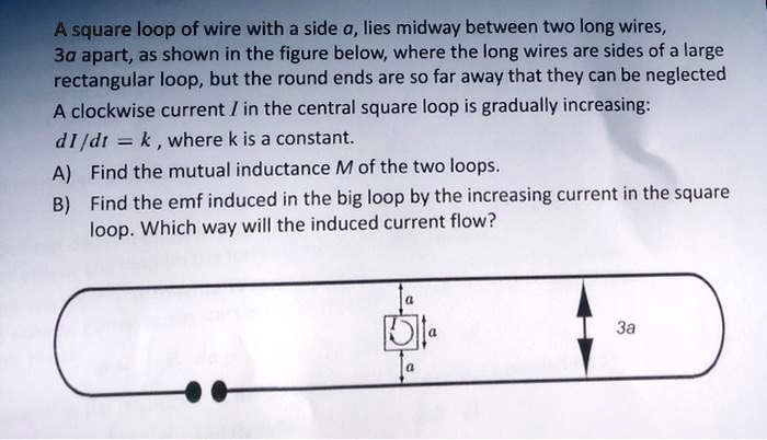 asquare loop of wire with a side lies midway between two long wires 30 aparta5 shown in the ...