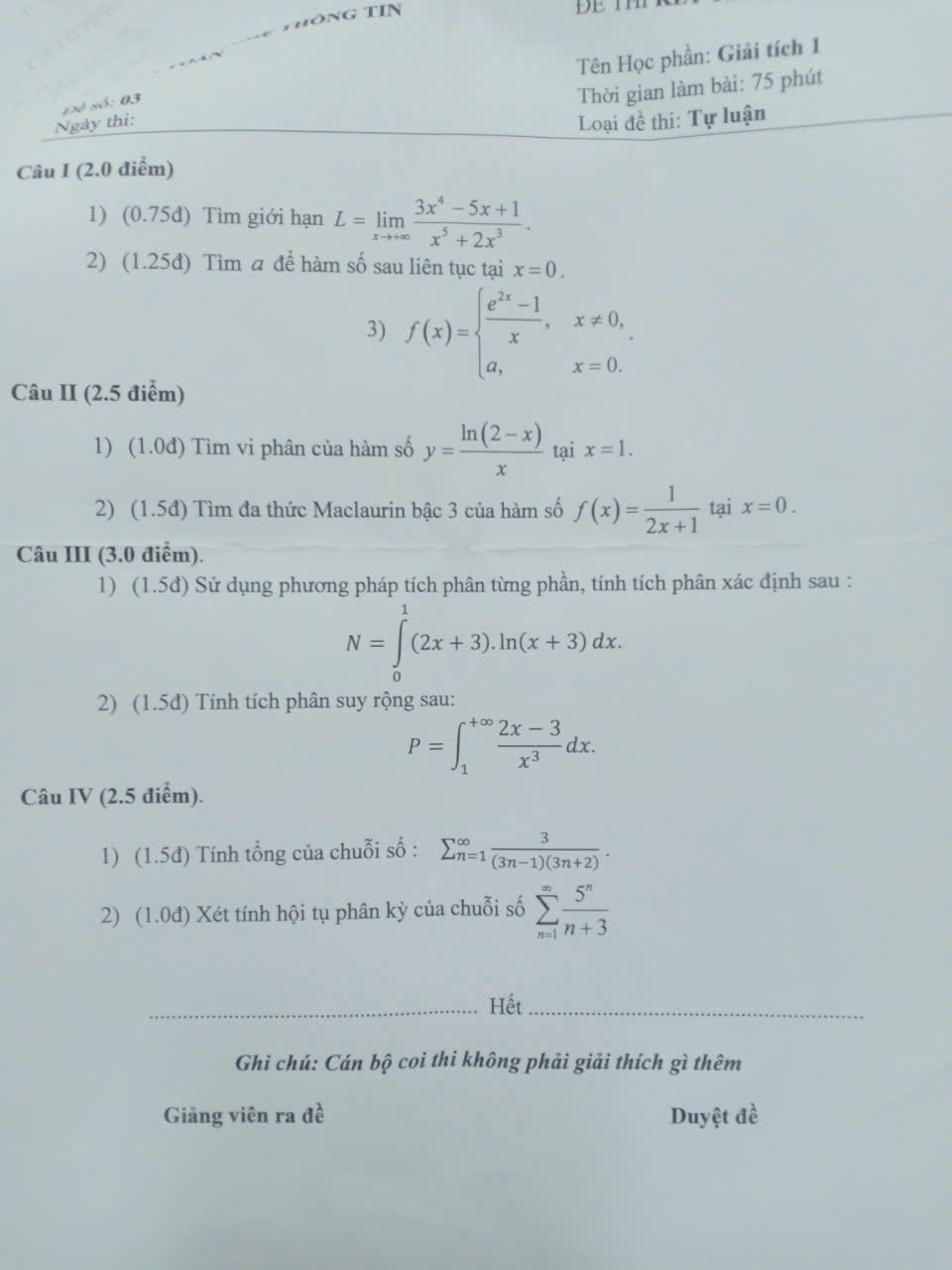 ten hoc phan giai tich 1 thoi gian lam bai 75 phut loai e thi tu luan cau i mathbf2 0 iem 1 075d ...