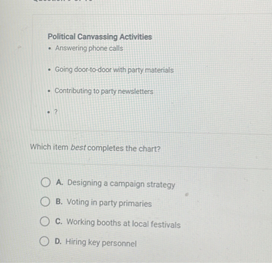 SOLVED: Political Canvassing Activities - Answering phone calls - Going ...
