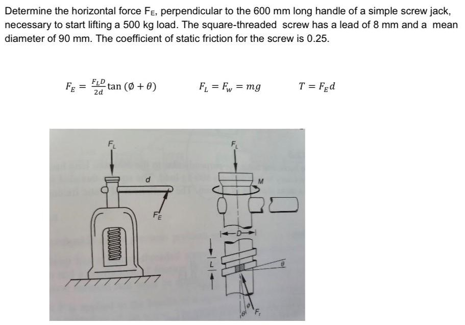Determine the horizontal force FE, perpendicular to the 600 mm long handle of a simple screw ...