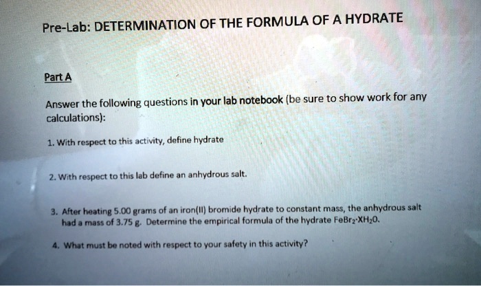 pre lab determination of the formula of a hydrate parta answer the ...
